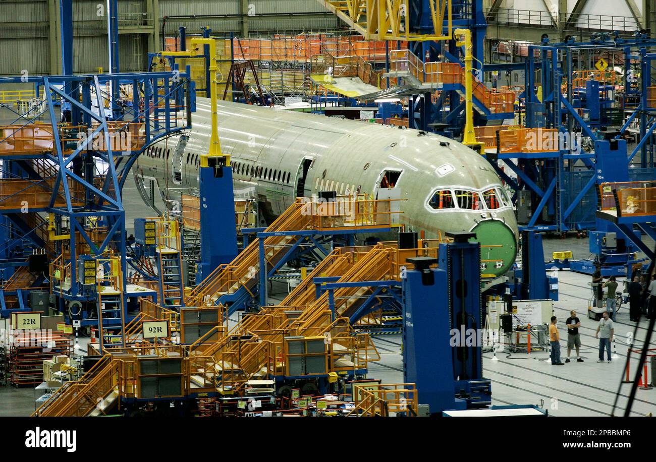 A Boeing 787 sits on the assembly line, Saturday, July 7, 2007, at ...