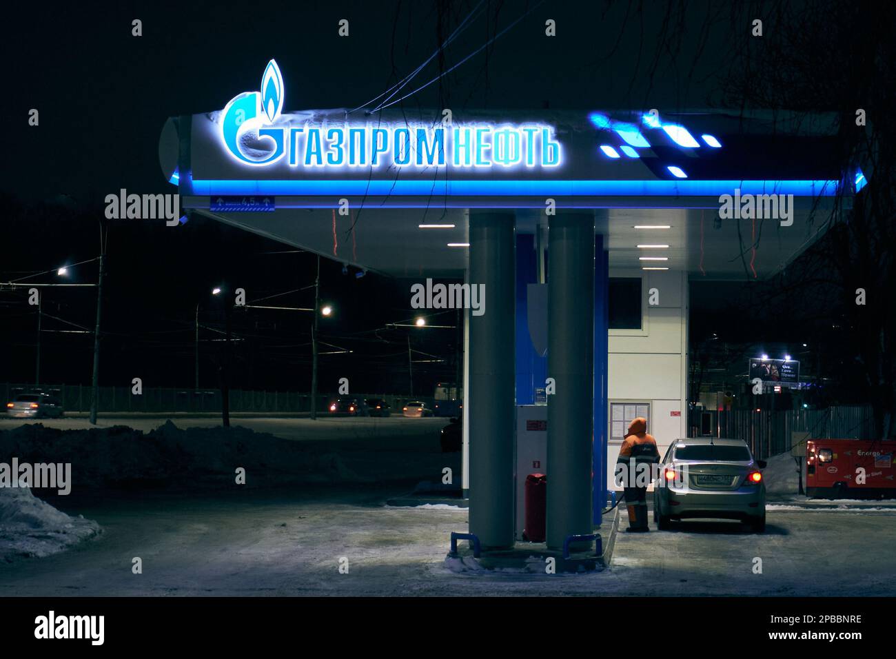 Gas station of the Russian company Gazprom at night Stock Photo - Alamy