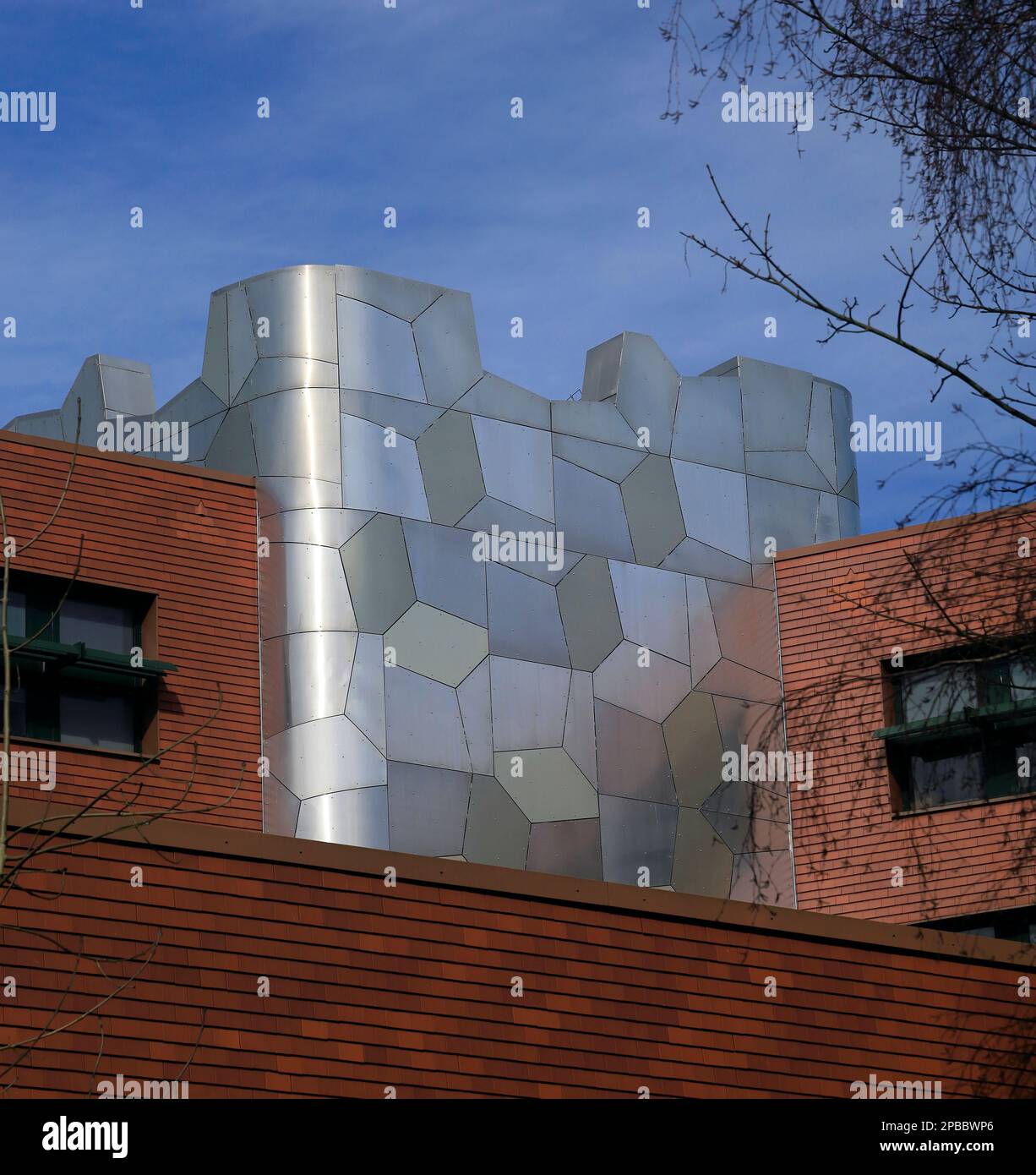 Detail from WJEC headquarters building. Metal clad building, Llandaff ...