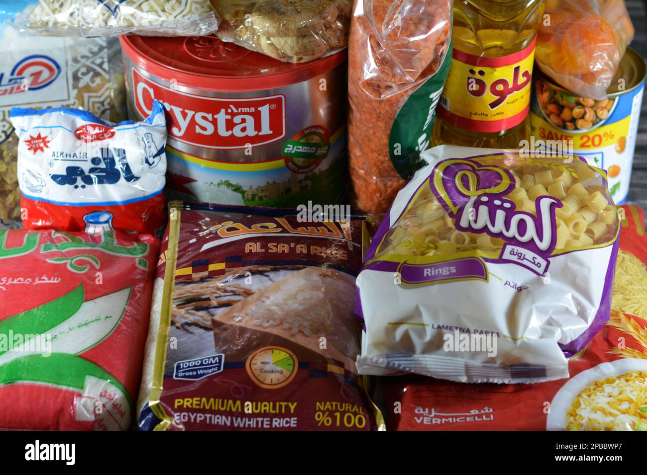 Cairo, Egypt, March 12 2023: Essential and basic food supplies oil ...