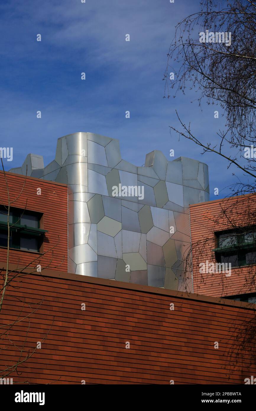 Detail from WJEC headquarters building. Metal clad building, Llandaff ...