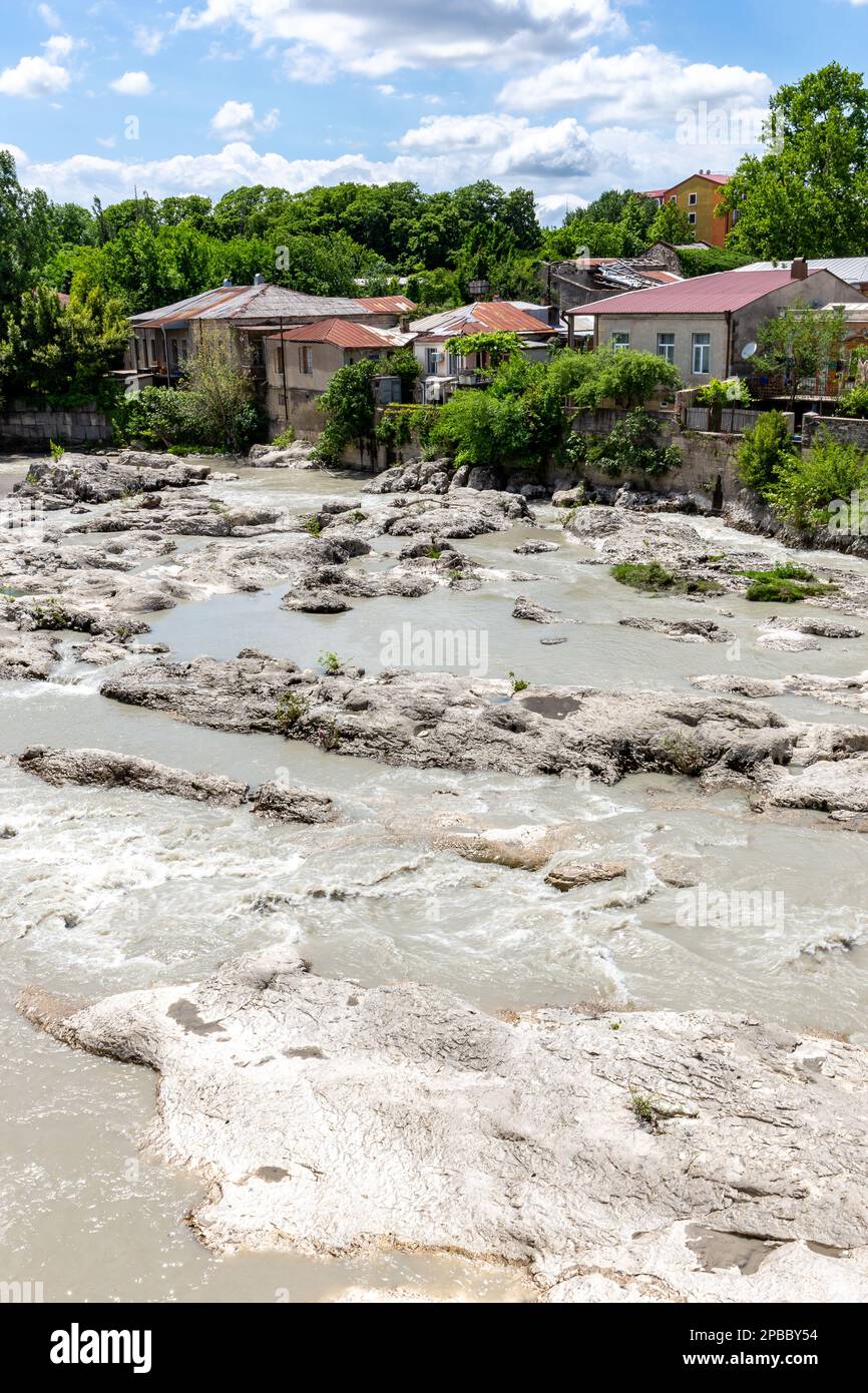 Rioni river in Kutaisi, landscape view with white stones and ...
