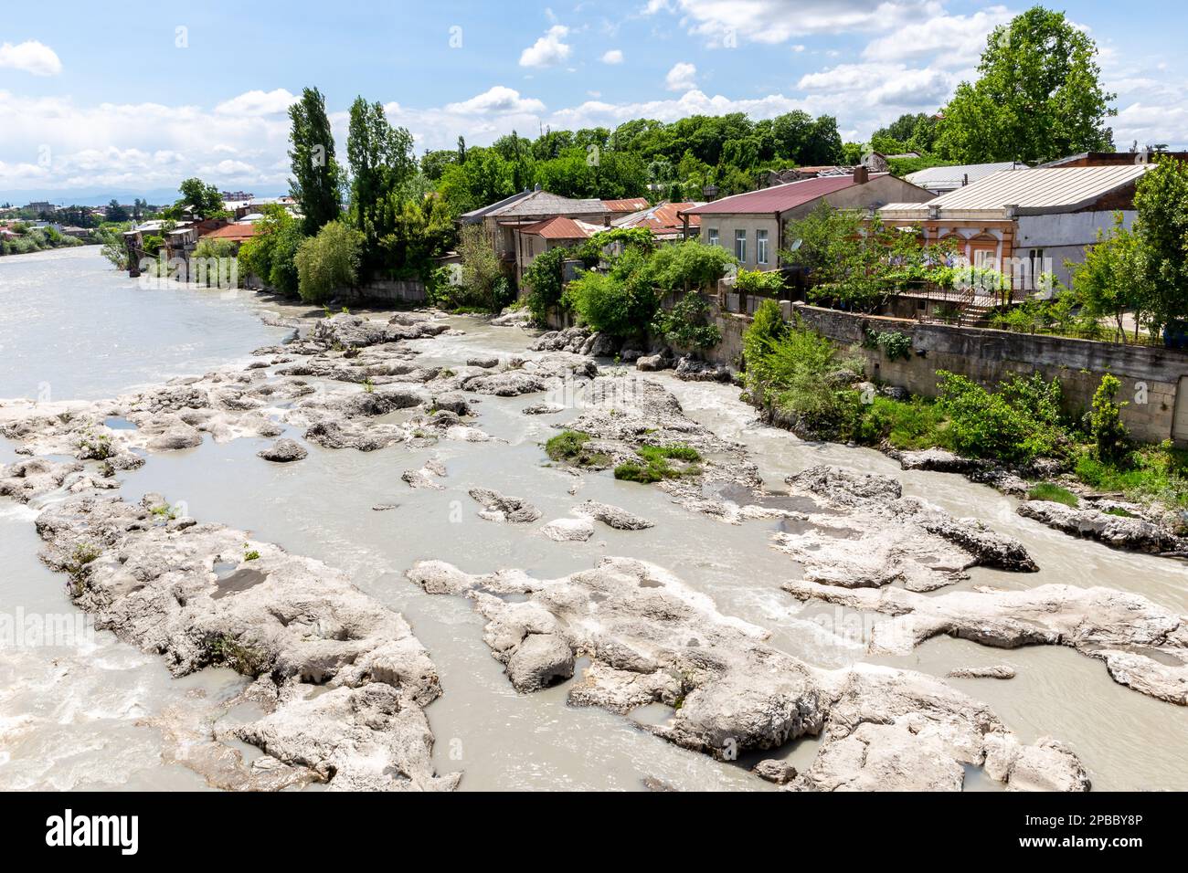 Rioni river in Kutaisi, landscape view with white stones and ...