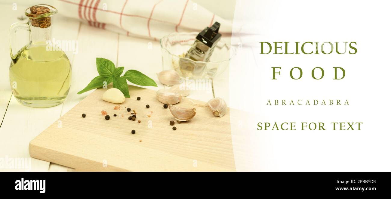 Fresh garlic and spices, sauce preparation process. Background with ...