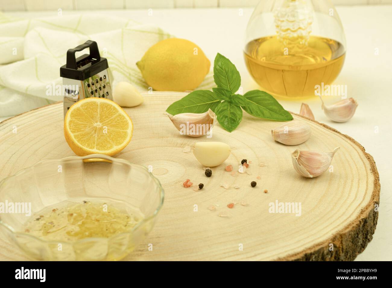 Fresh garlic and spices, sauce preparation process. Background with ...