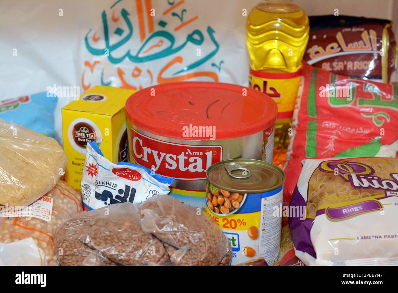 Cairo, Egypt, March 12 2023: Essential and basic food supplies oil ...