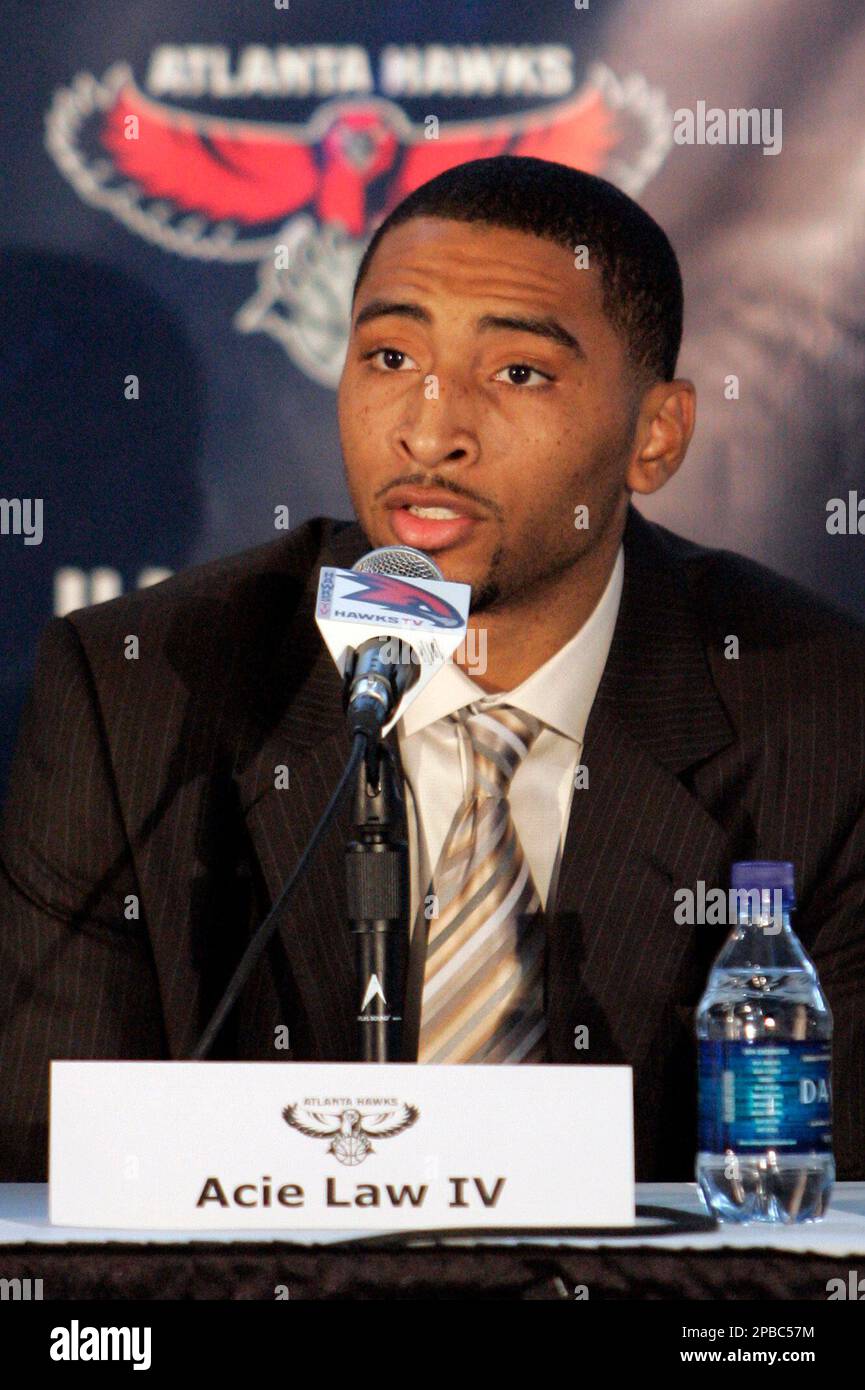 Atlanta Hawks rookie Acie Law IV answers questions during a press ...