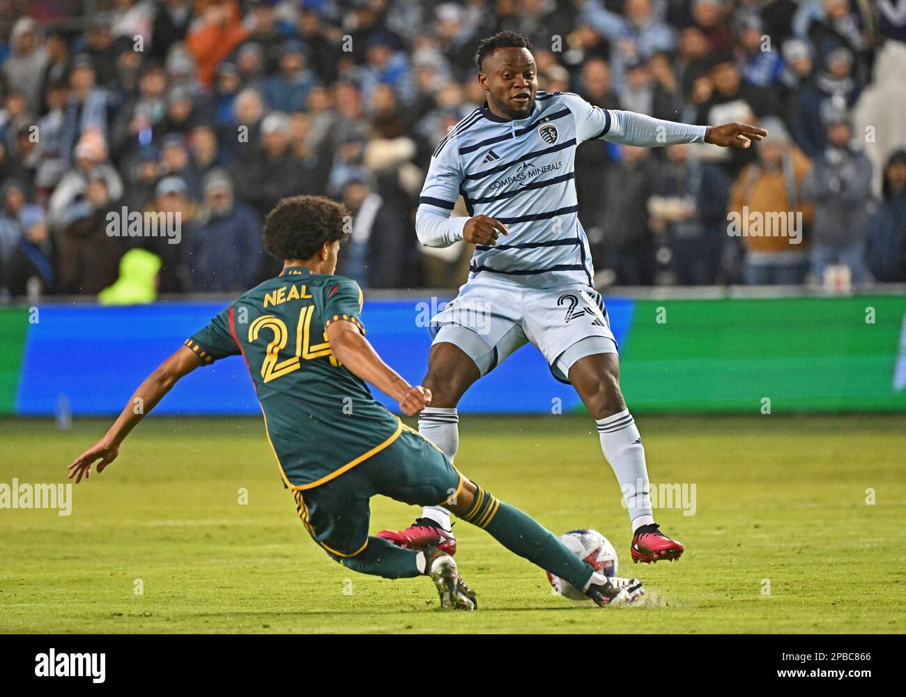 Sporting Kansas City forward Willy Agada (23) defends Los Angeles ...