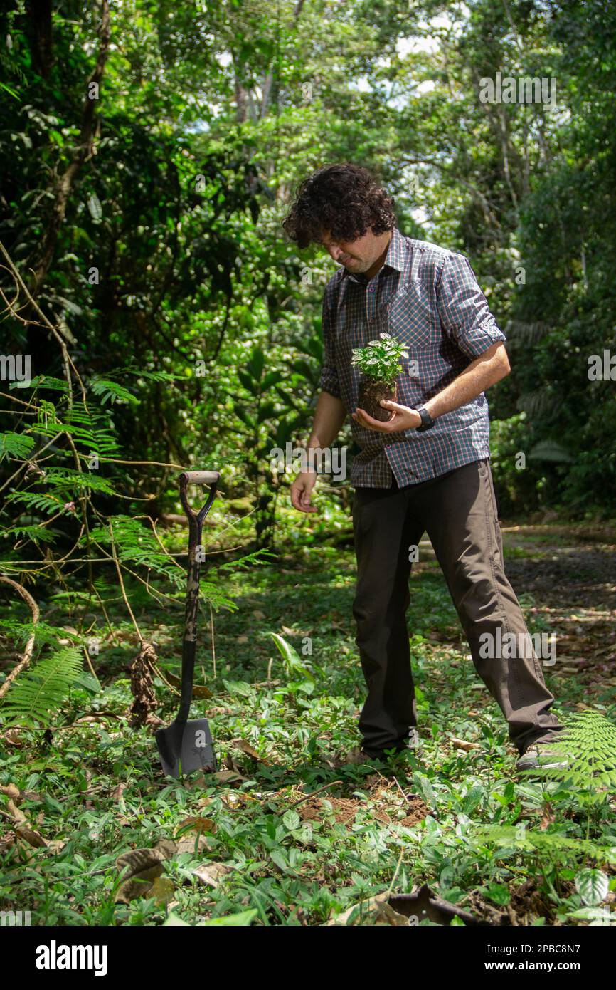 Hispanic man planting a small plant with a black shovel in a green ...