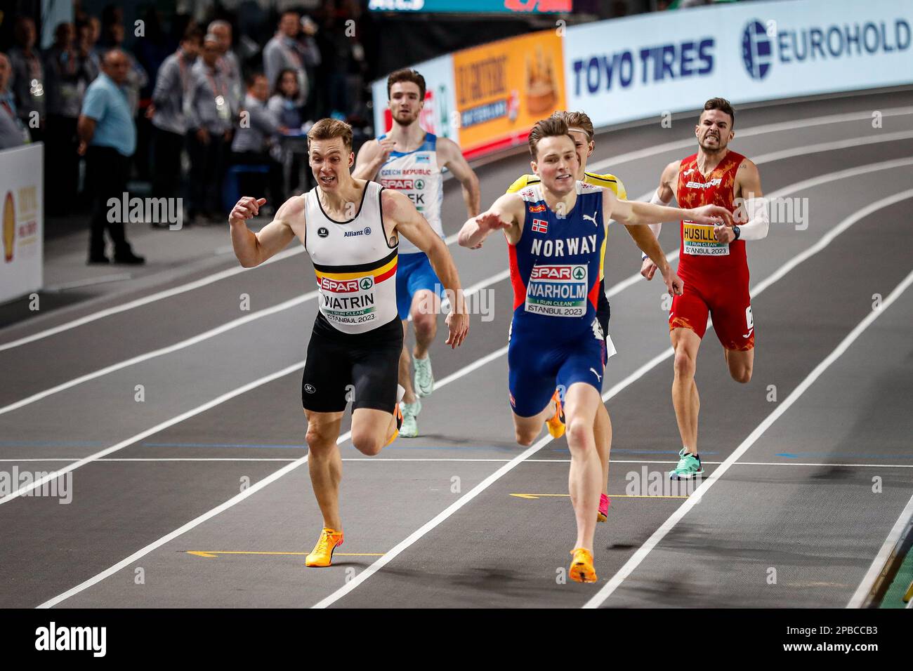 ISTANBUL, TURKEY - MARCH 04: Julien Watrin of Belgium, Karsten Warholm ...