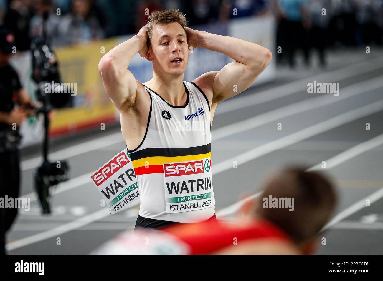ISTANBUL, TURKEY - MARCH 04: Julien Watrin of Belgium reacts in 400m ...