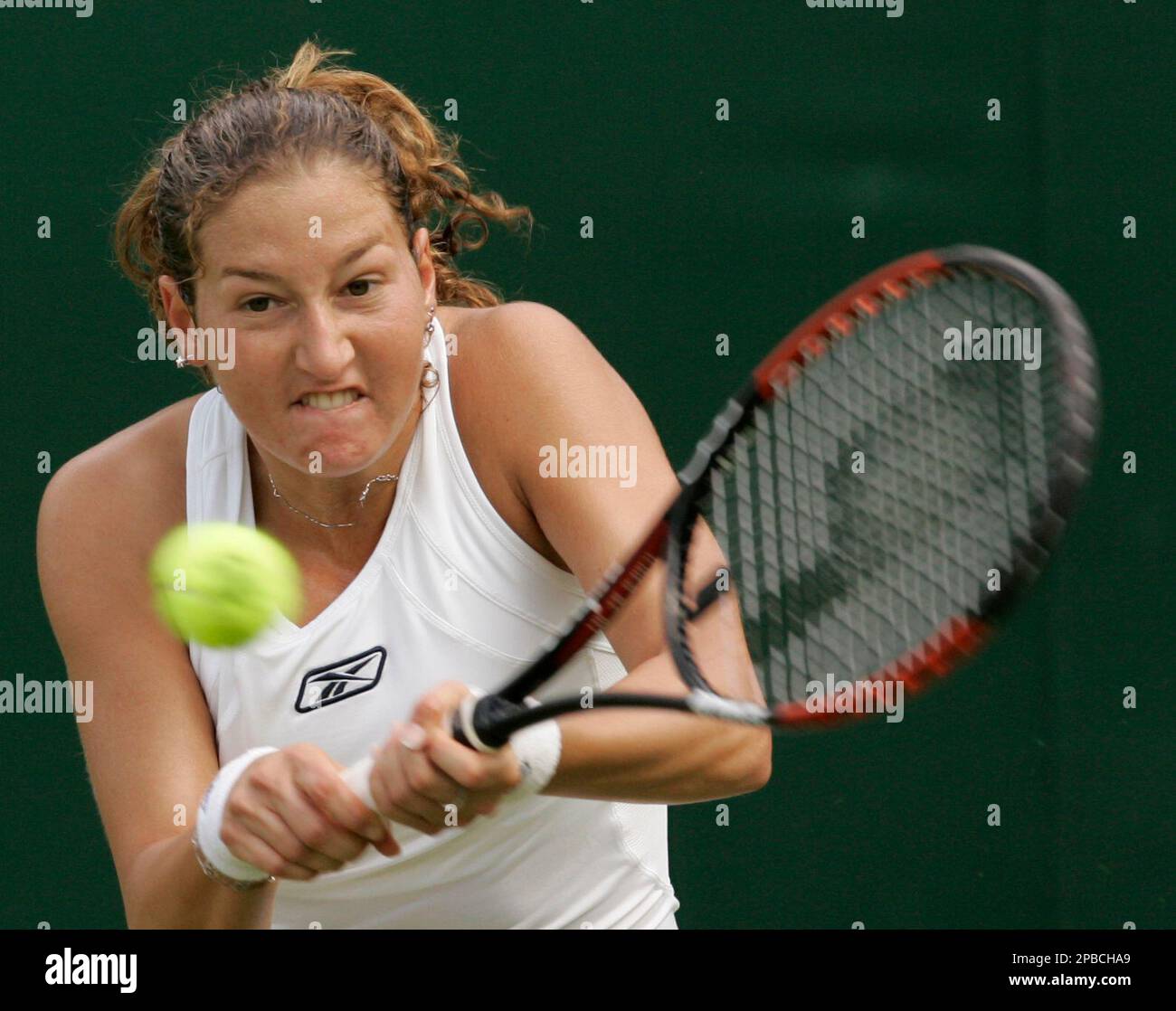 Shahar Peer of Israel returns to Kaia Kanepi of Estonia, during their ...
