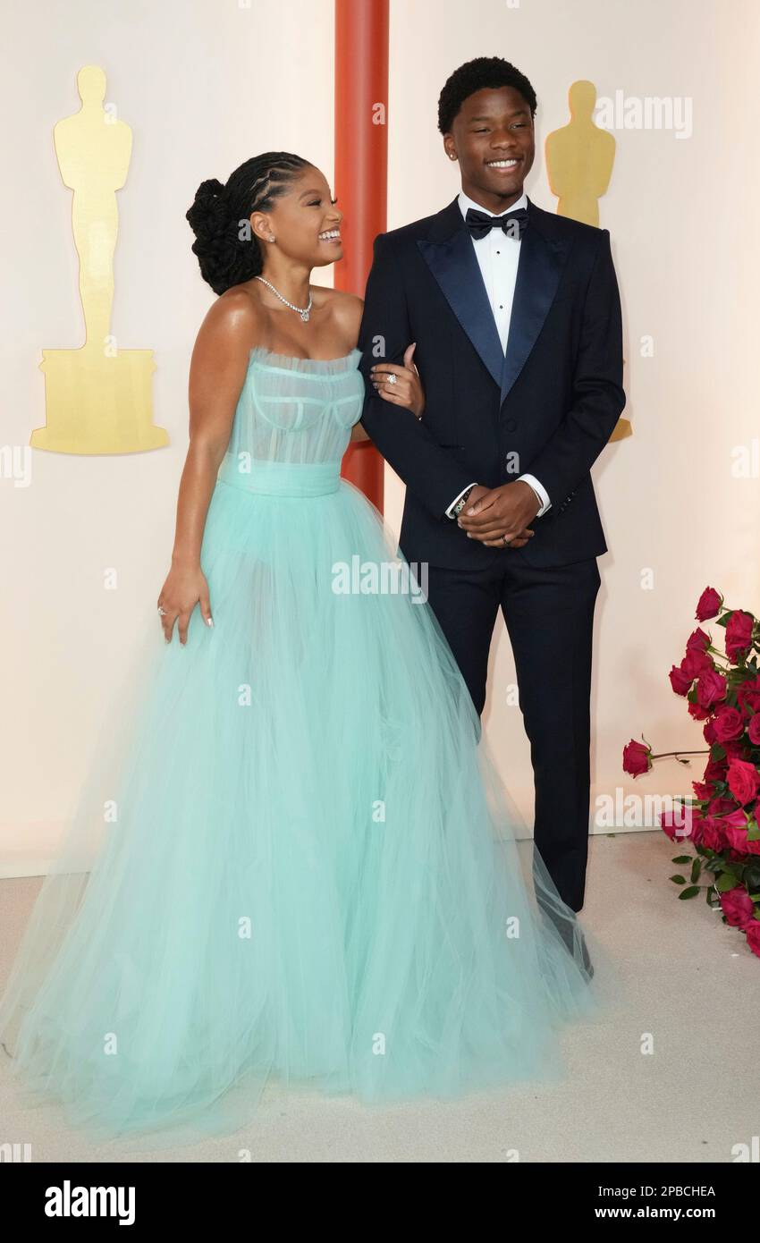 Halle Bailey, left, and Branson Bailey arrive at the Oscars on Sunday ...
