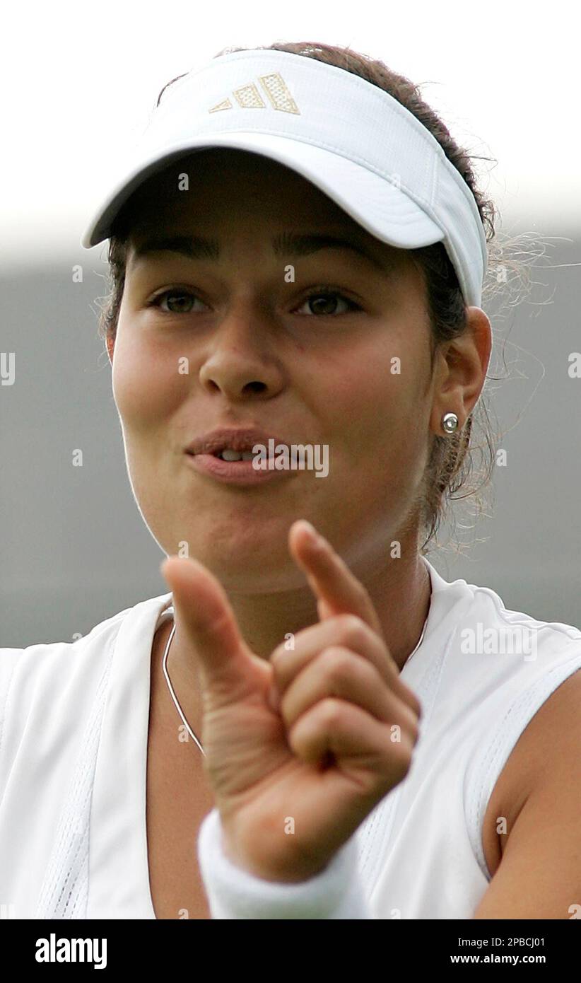 Ana Ivanovic of Serbia disputes a line call during her Women's Singles ...