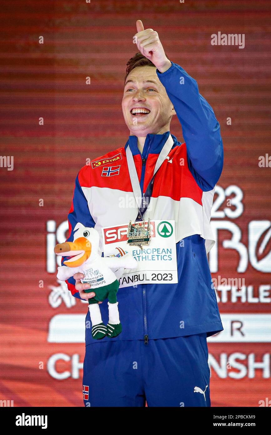 ISTANBUL, TURKEY - MARCH 04: Karsten Warholm of Norway reacts during ...