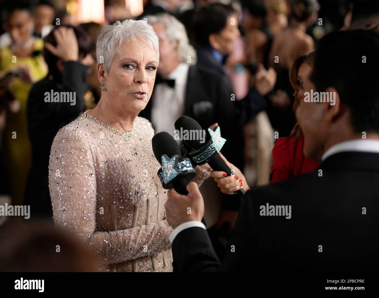 Jamie Lee Curtis arrives at the Oscars on Sunday, March 12, 2023, at ...