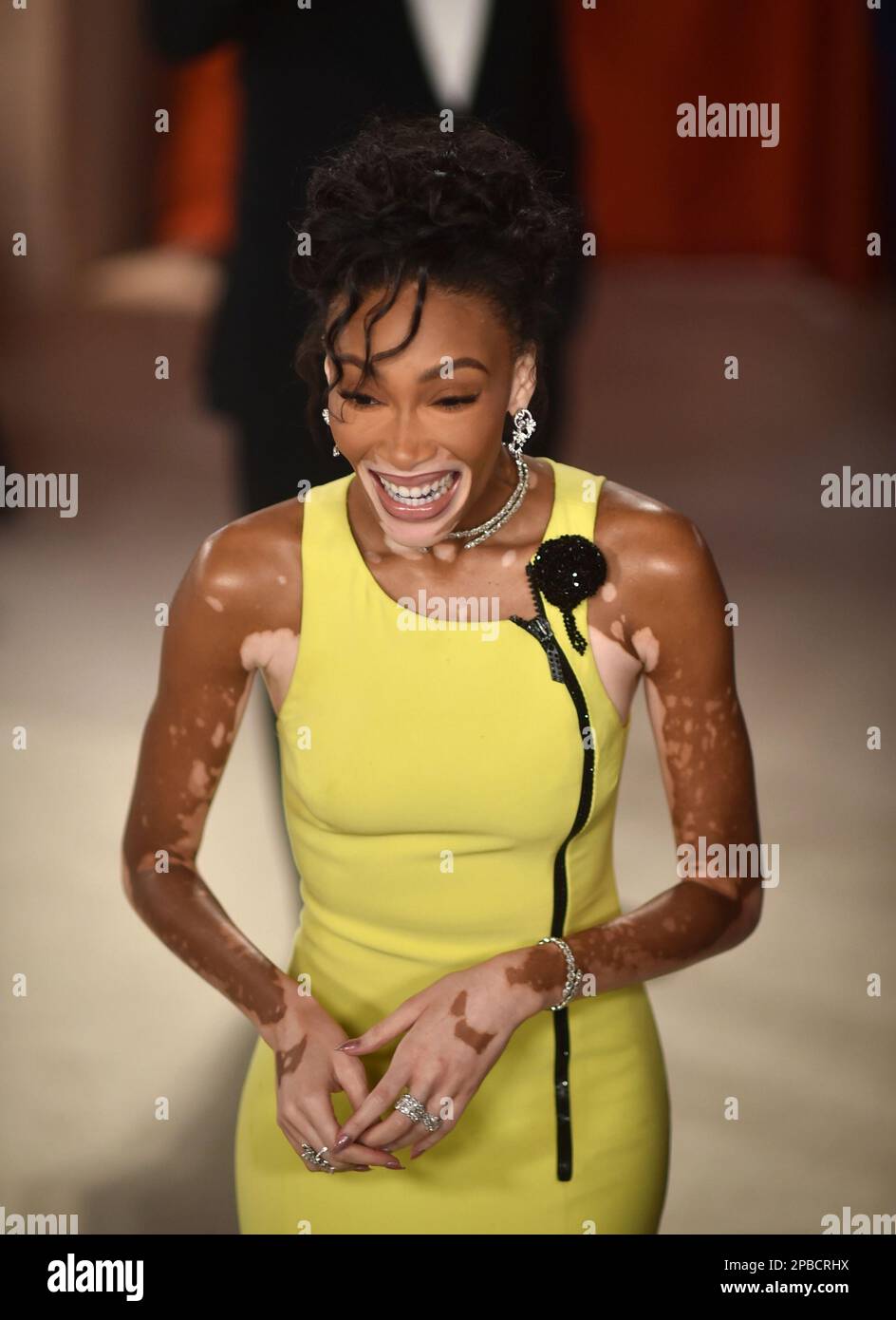 Winnie Harlow arrives at the Oscars on Sunday, March 12, 2023, at the ...