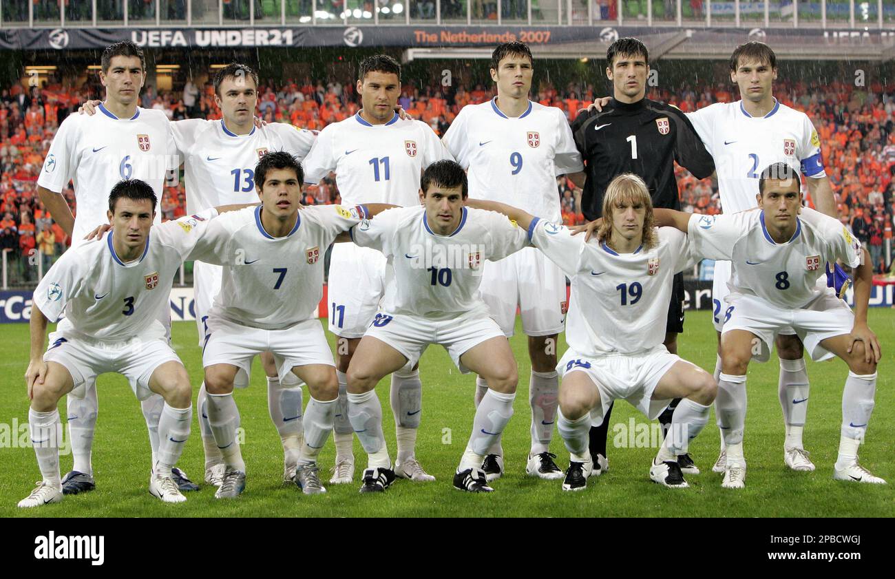Serbia's soccer team poses prior to the UEFA U21 Championship soccer ...