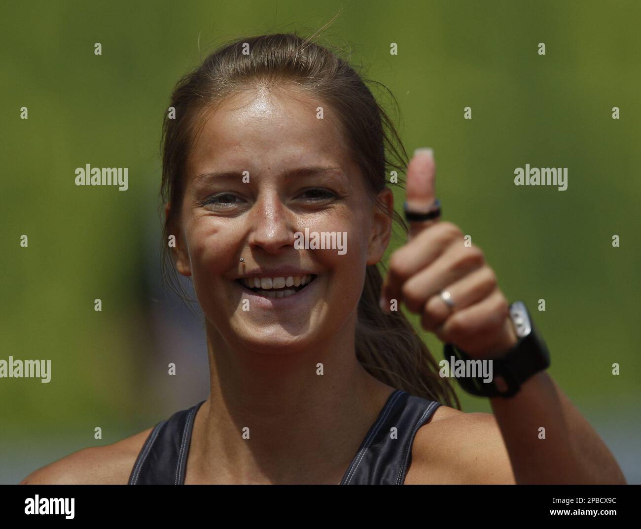 Germany's Sina Schielke gives the thumb up after winning a 100 meters B ...
