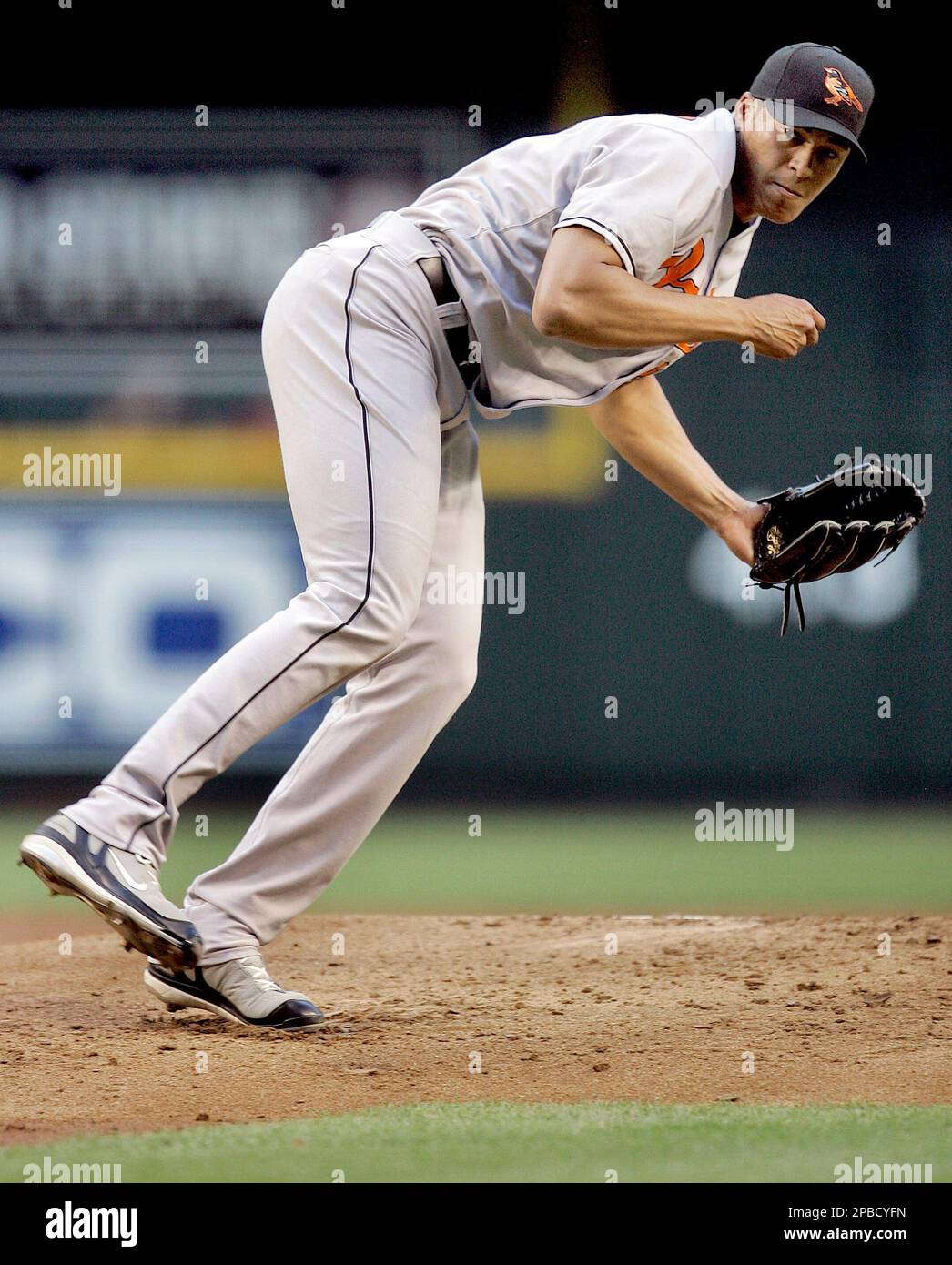 Baltimore Orioles pitcher Daniel Cabrera follows through on a delivery ...