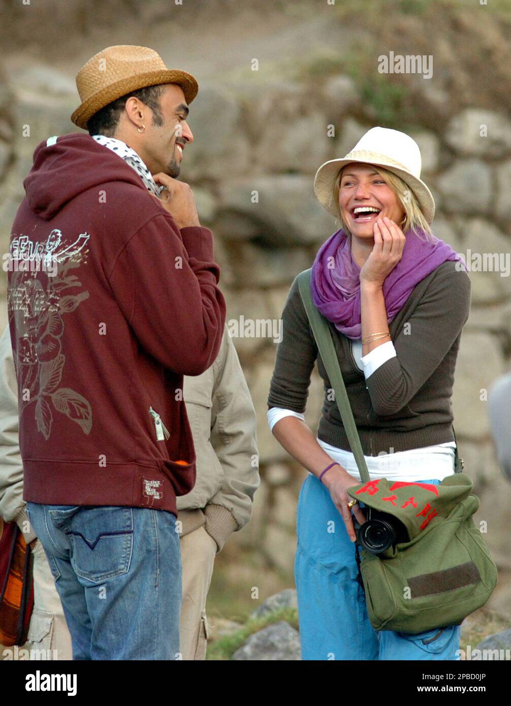 US actress Cameron Diaz, right, and MTV Canada host Sol Guy laugh as ...