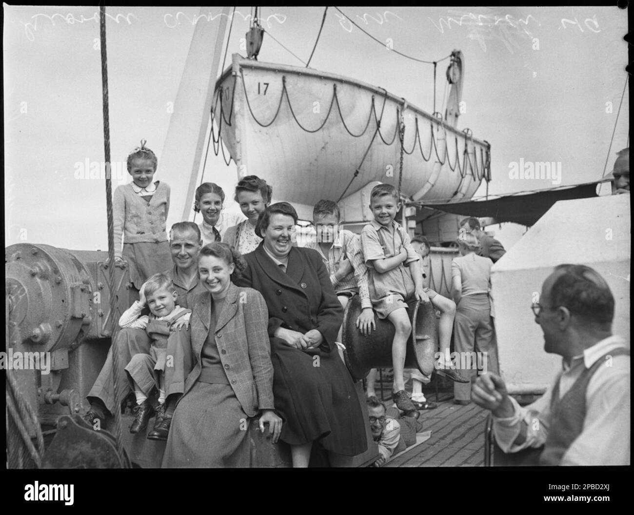 British migrants on the deck of the Georgic, bound for Australia, 1949 ...