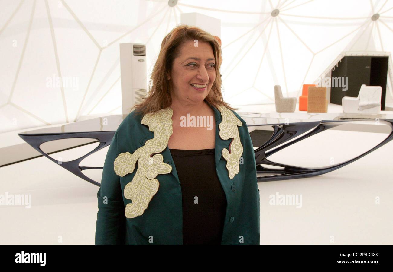 Iraqi-British architect Zaha Hadid in front of 'Mesa' (Zaha Hadid and ...