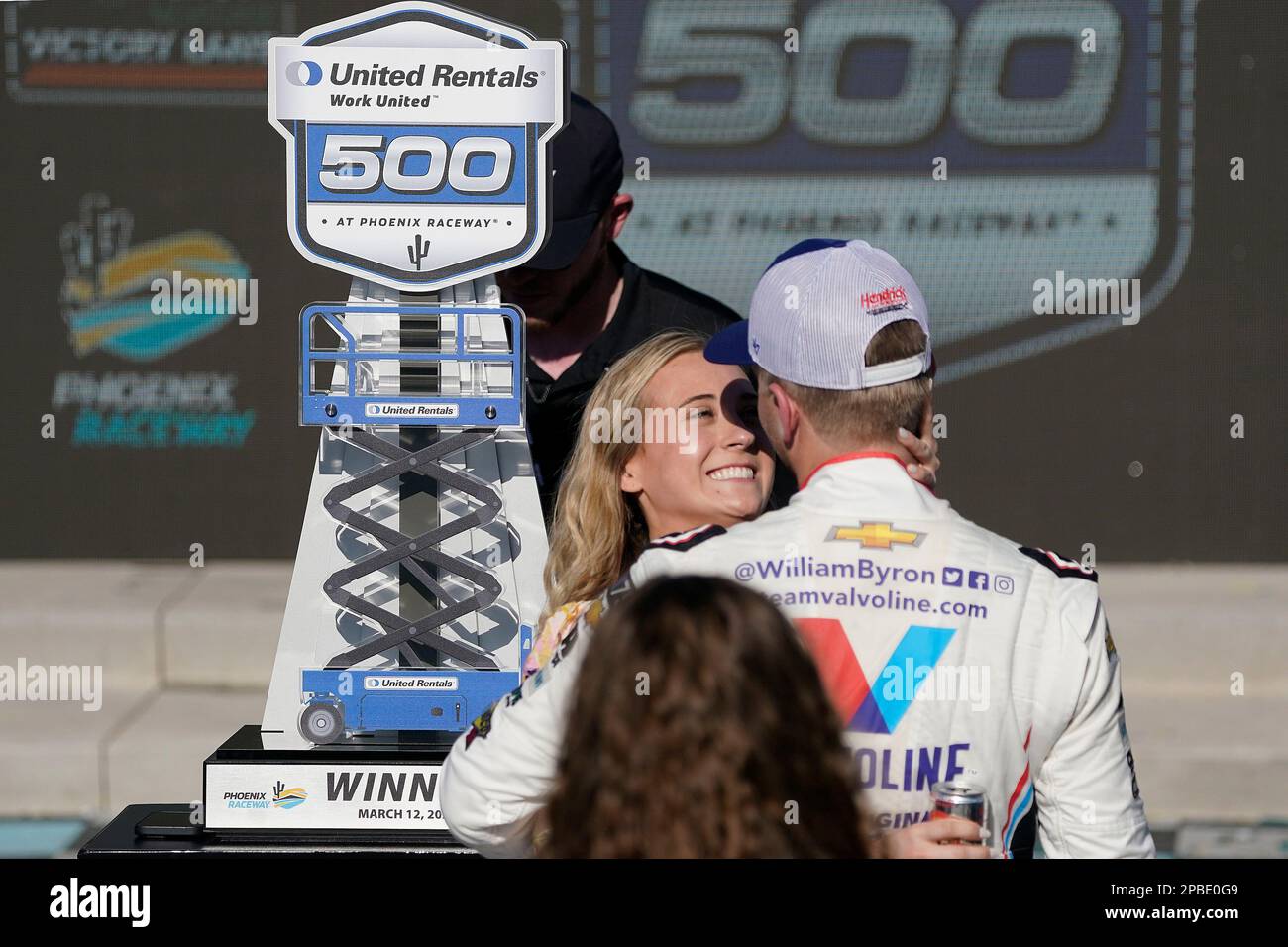 William Byron, right, is greeted by his girlfriend Erin Blaney after ...