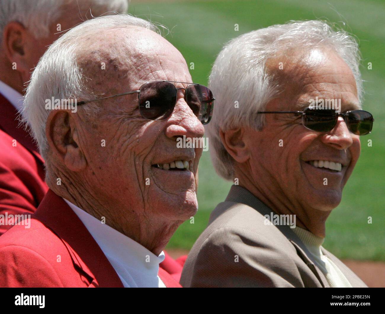 Cincinnati Reds broadcasters Joe Nuxhall, left, and Marty Brennaman ...