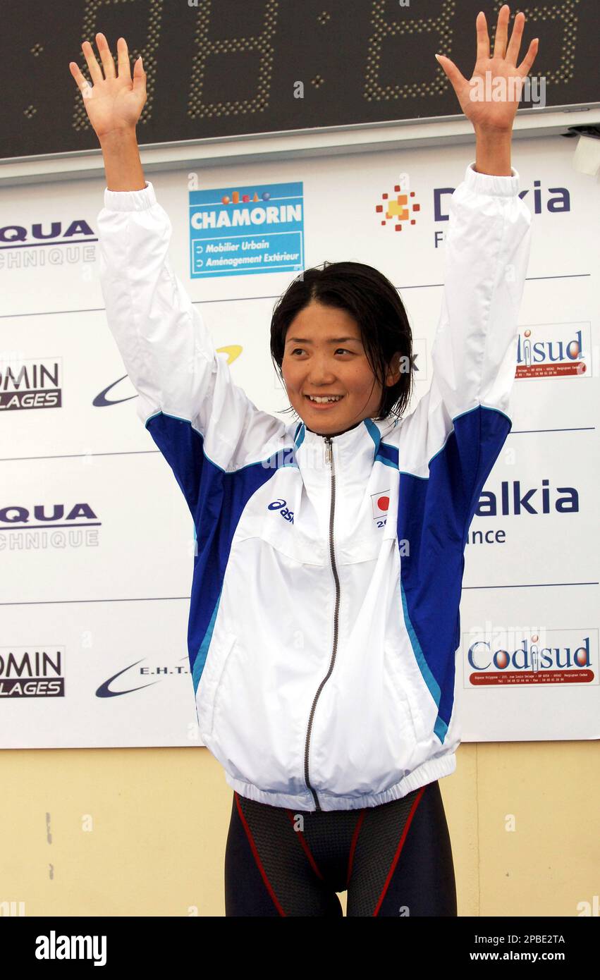 Reiko Nakamura of Japan reacts after winning the women's 50-meter ...