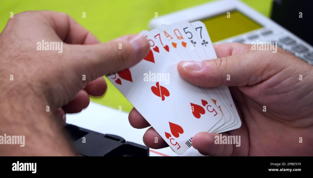 Playing cards in a man's hand during a bridge game Stock Photo - Alamy