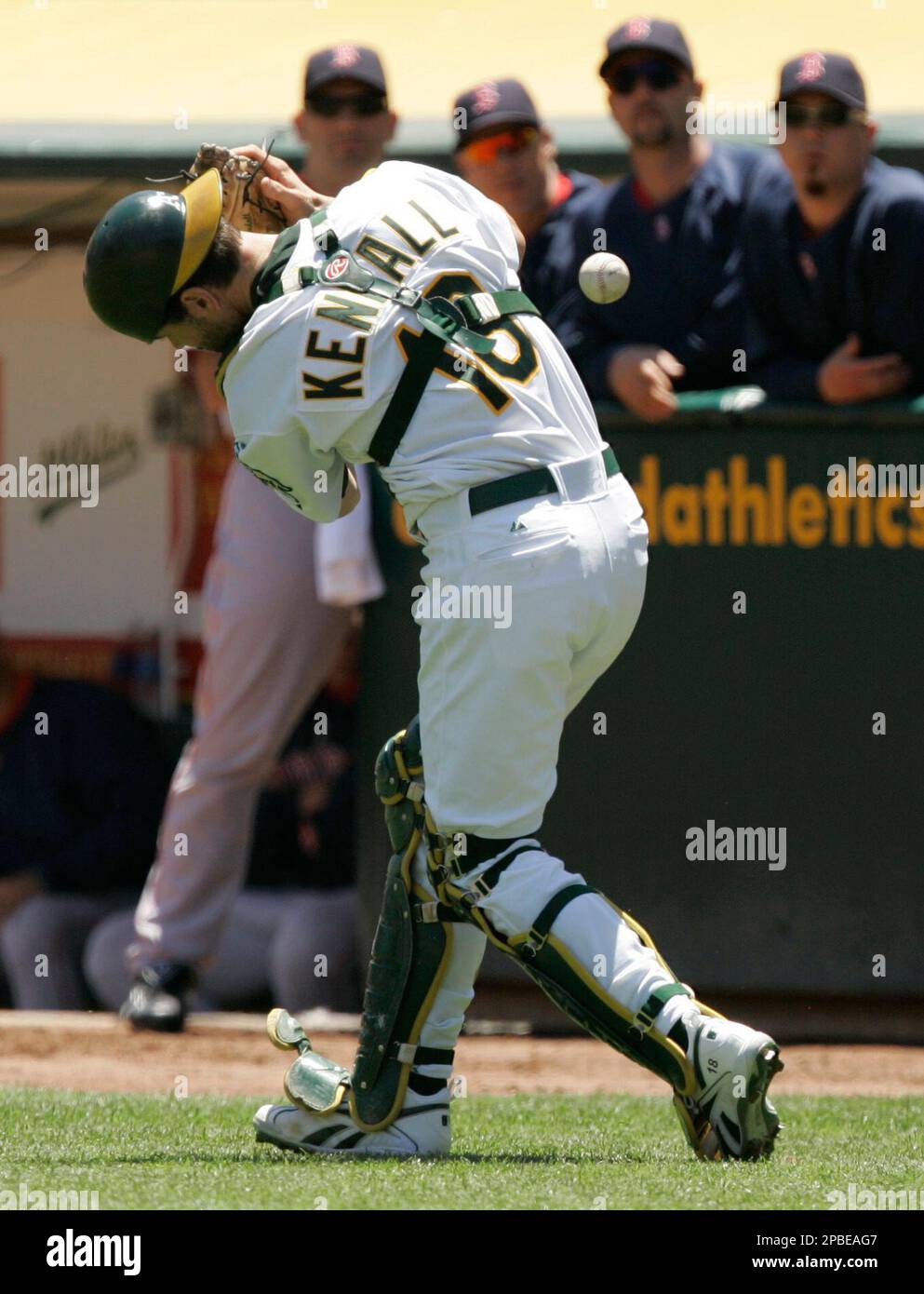 Oakland Athletics catcher Jason Kendall drops a pop fly from Boston Red ...