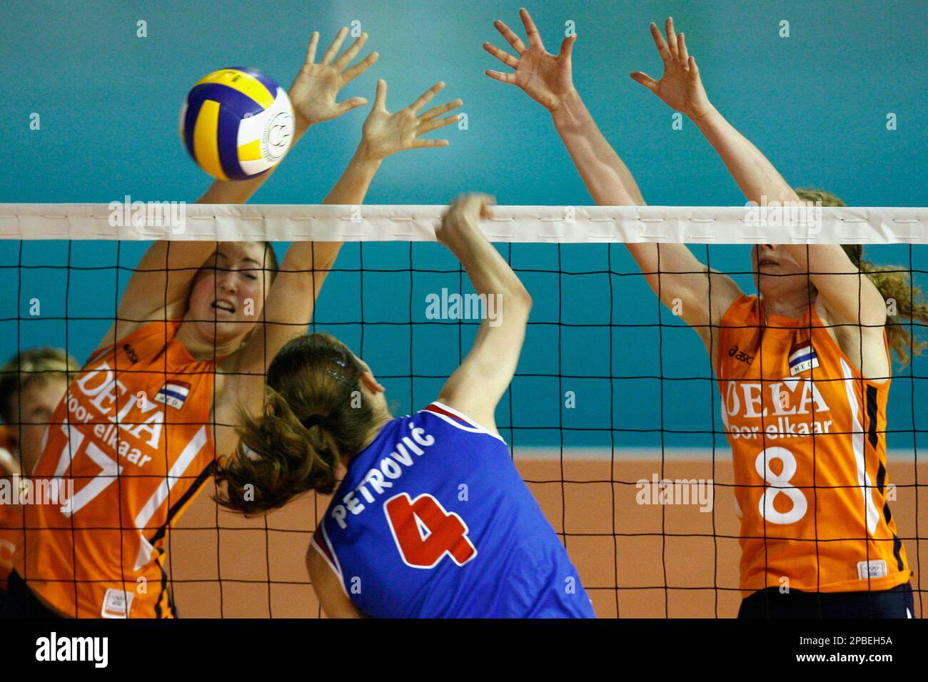 Serbia's volleyball player Aleksandra Petrovic, center, in action ...