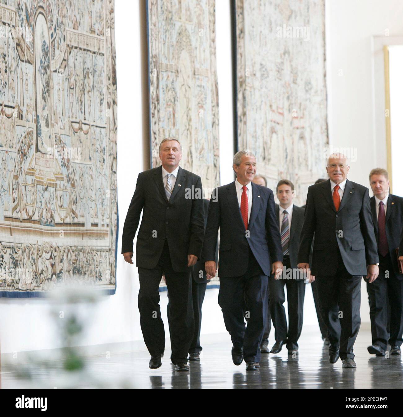 President Bush, center, walks with Czech President Vaclav Klaus, right ...