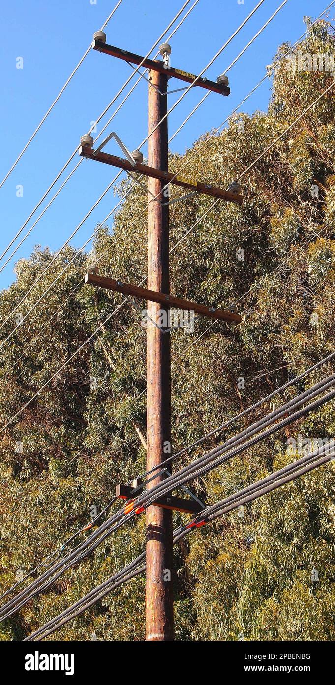 high voltage electric wires on a telephone pole in California Stock ...