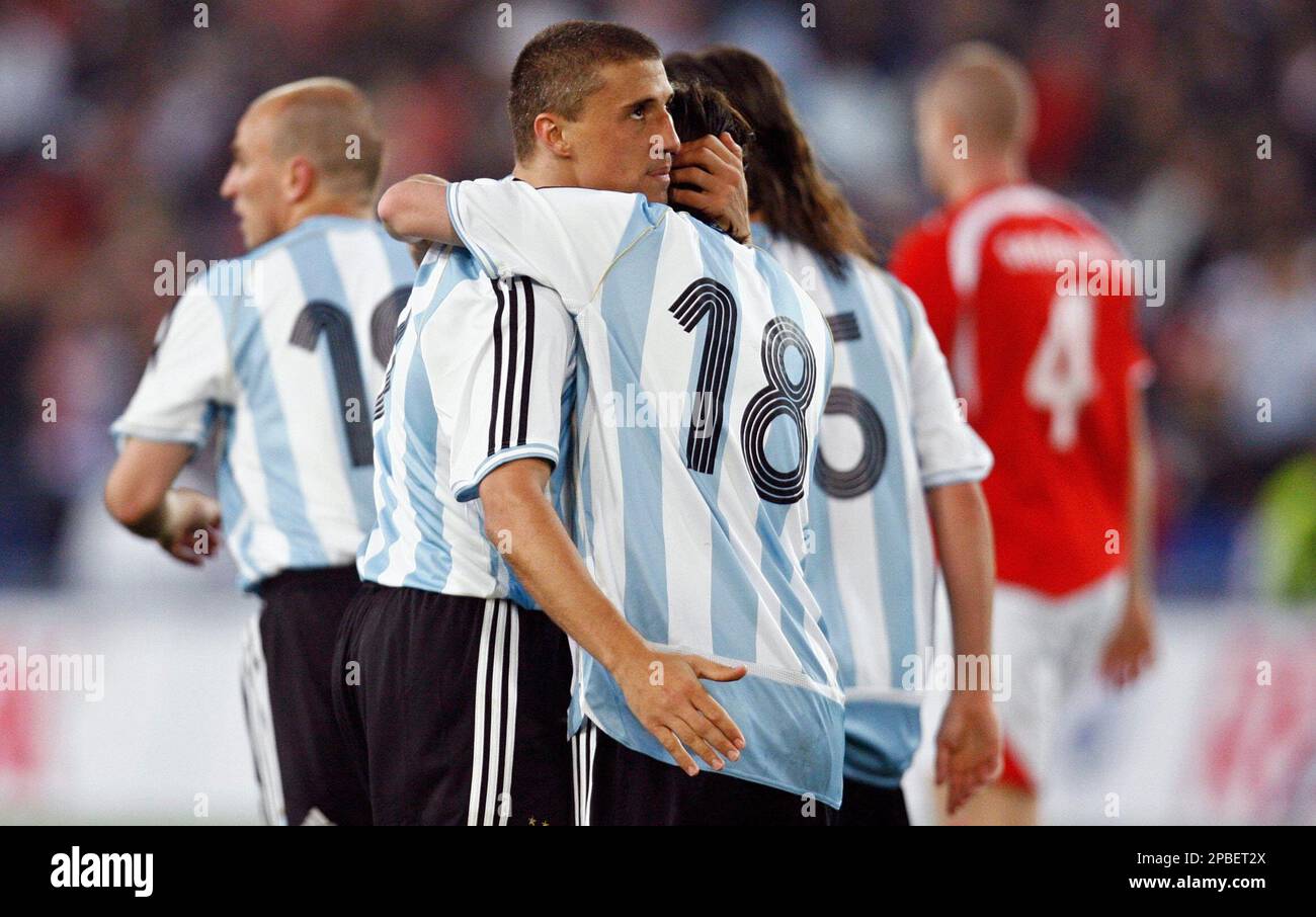Argentina's Lionel Messi, right, and Hernan Crespo celebrate their team ...
