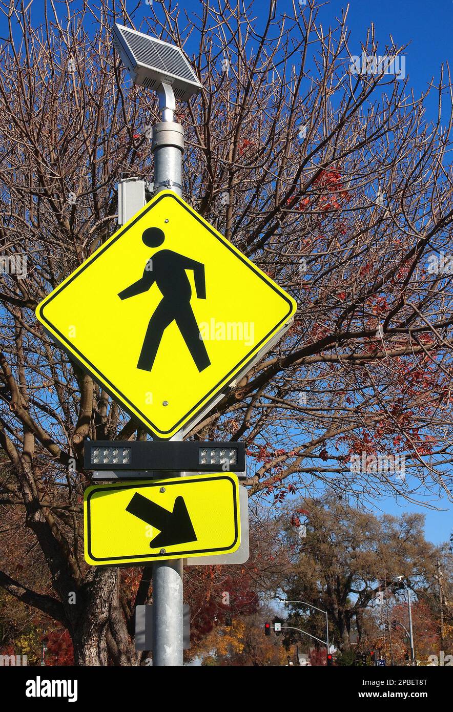 pedestrian cross walk sign and solar panel powered lights in California ...