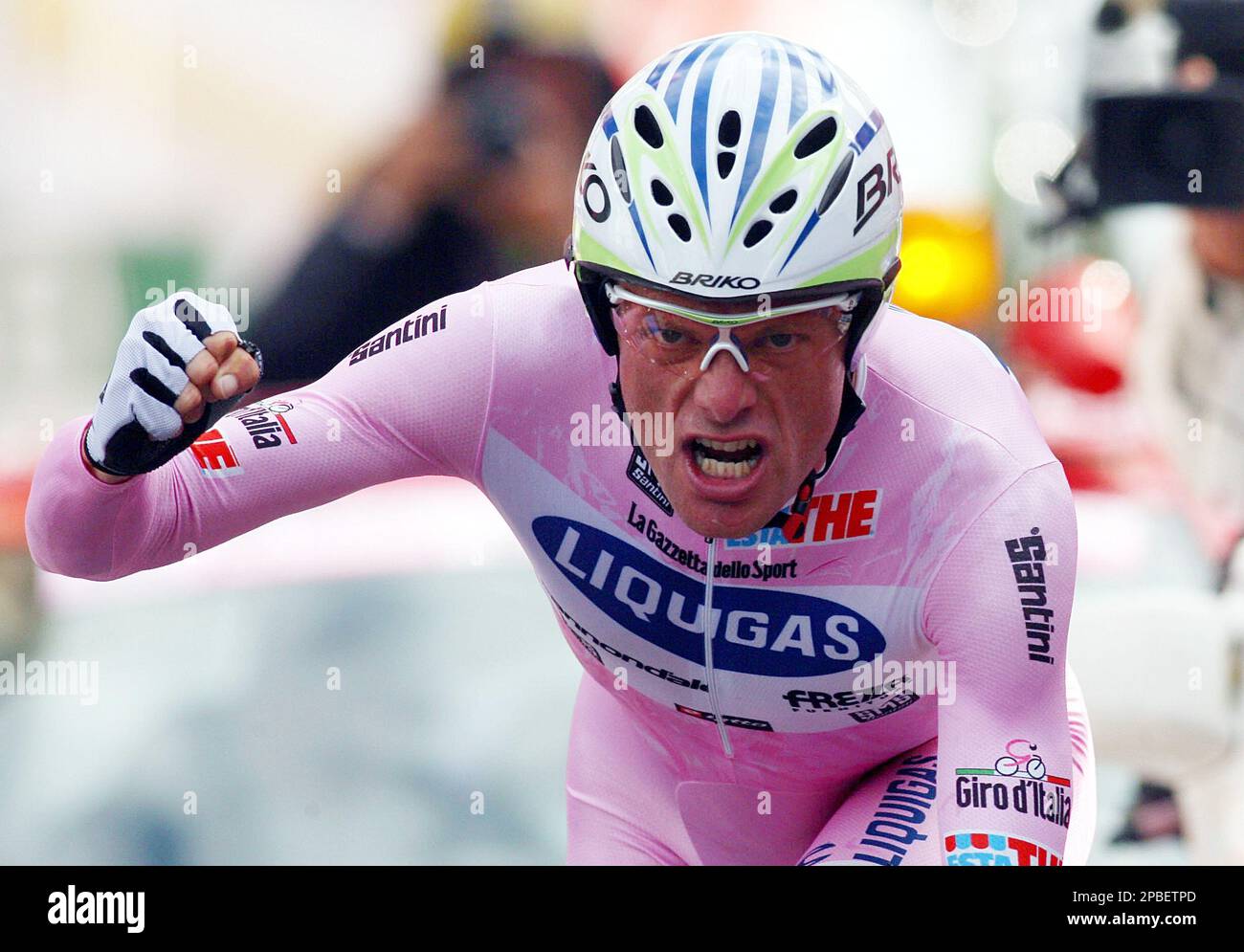 Italy's Danilo Di Luca reacts at finish line during the 20th stage ...