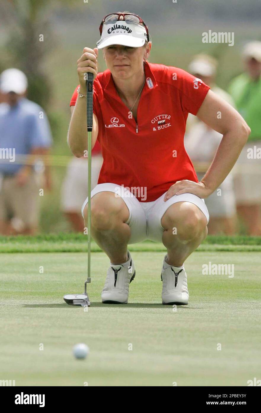 Sweden's Annika Sorenstam lines up her putt on the ninth green during ...