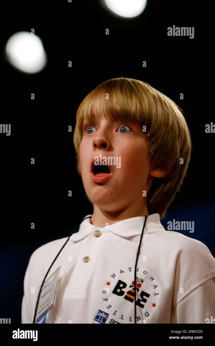 Andrew Lay, 12, of Stanley, N.C., gasps in shock after spelling the ...