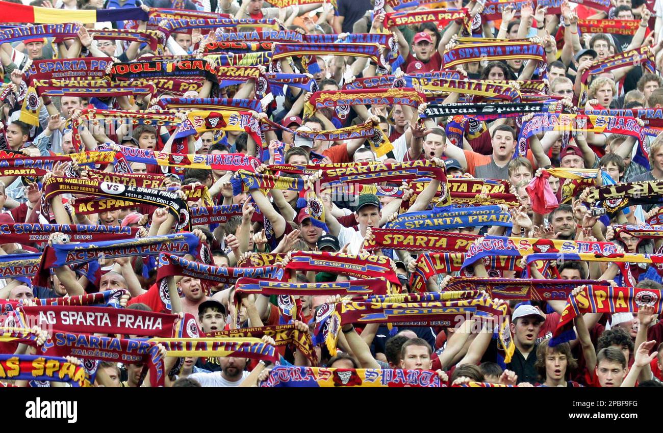 Fans of Sparta Prague display their scarfs as celebrating their team's ...