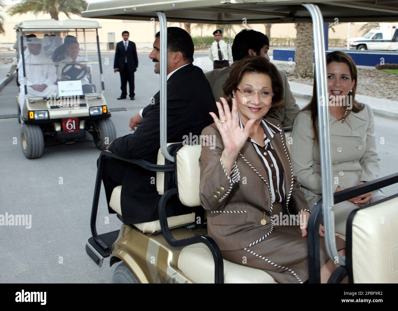 Egyptian first lady, Suzanne Mubarak, waves next to Princess Haya, the ...
