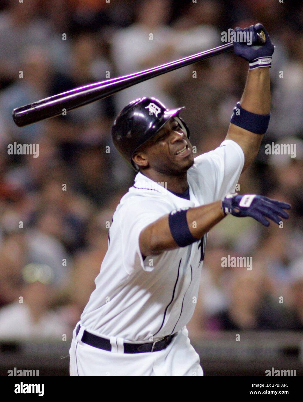 Detroit Tigers' Craig Monroe throws down his bat as he flies out in the ...