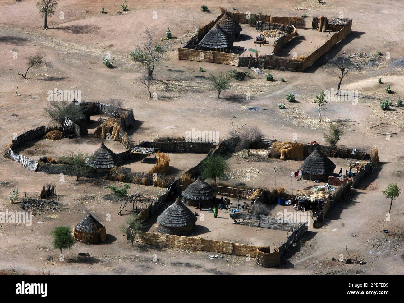An aerial view of typical Darfur huts in the West Darfur town of Mukjar ...