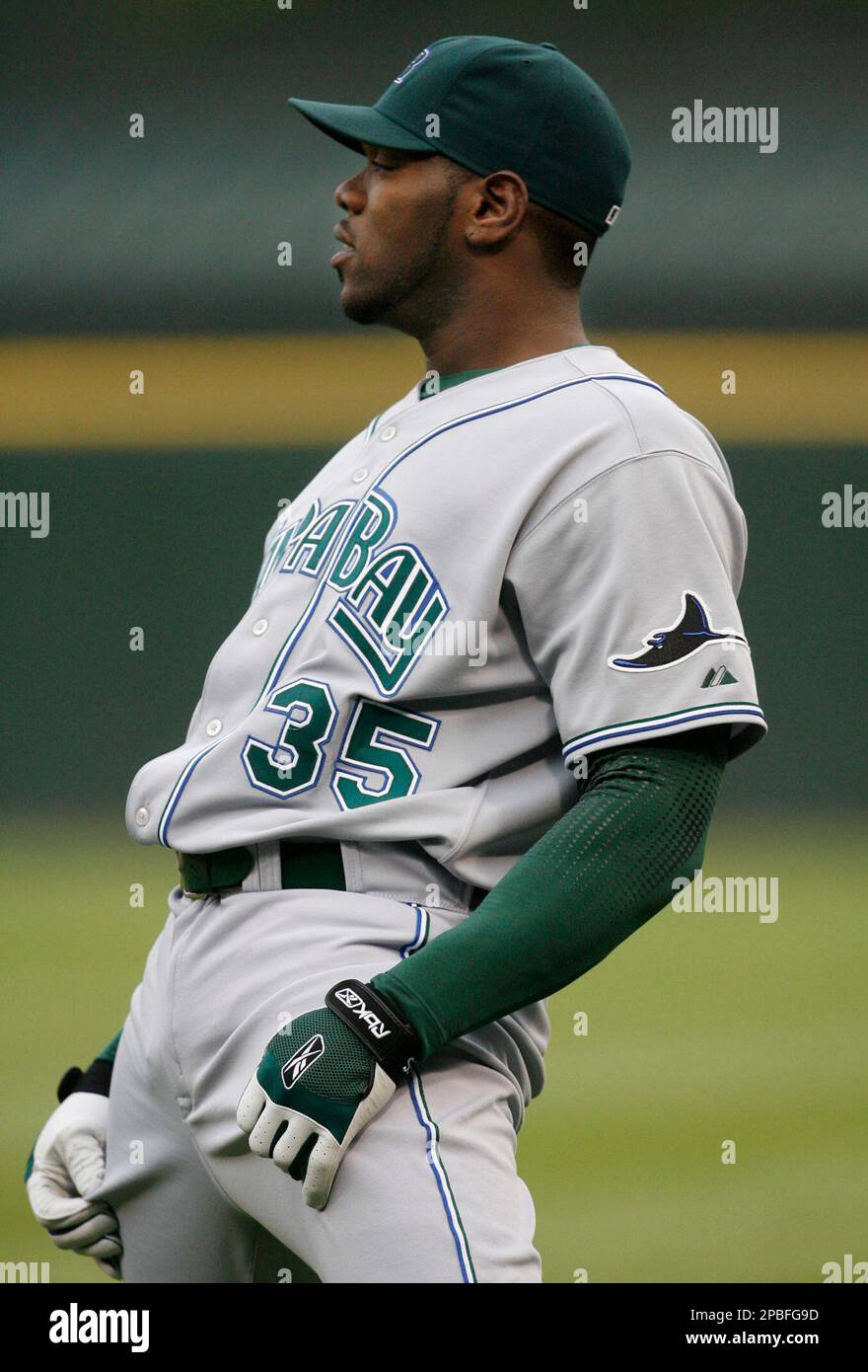 Tampa Bay Devil Rays' Elijah Dukes stretches before the start of MLB ...
