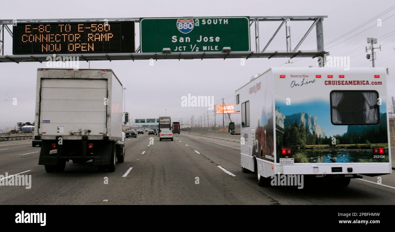 Vehicles drive eastbound from the San Francisco-Oakland Bay Bridge ...