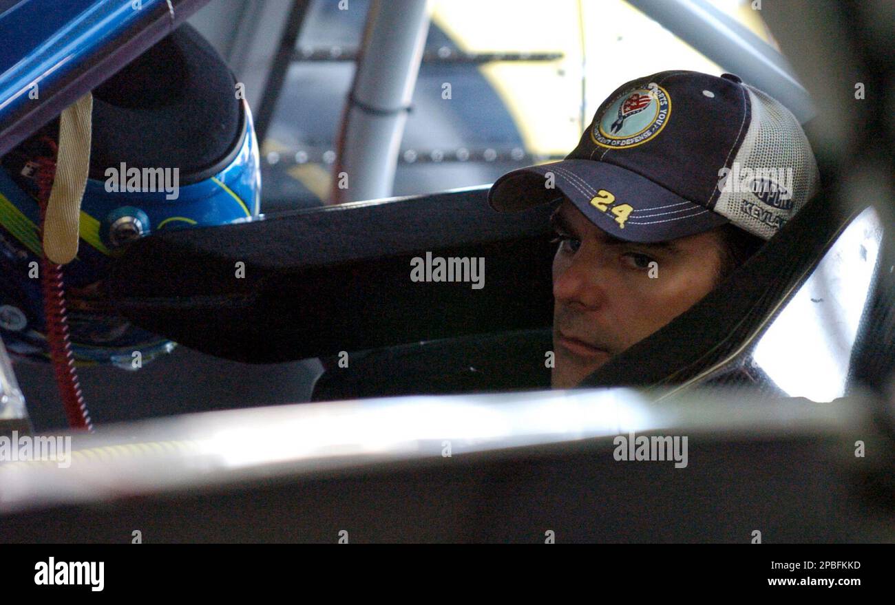 Jeff Gordon looks out from his car during practice for the NASCAR ...