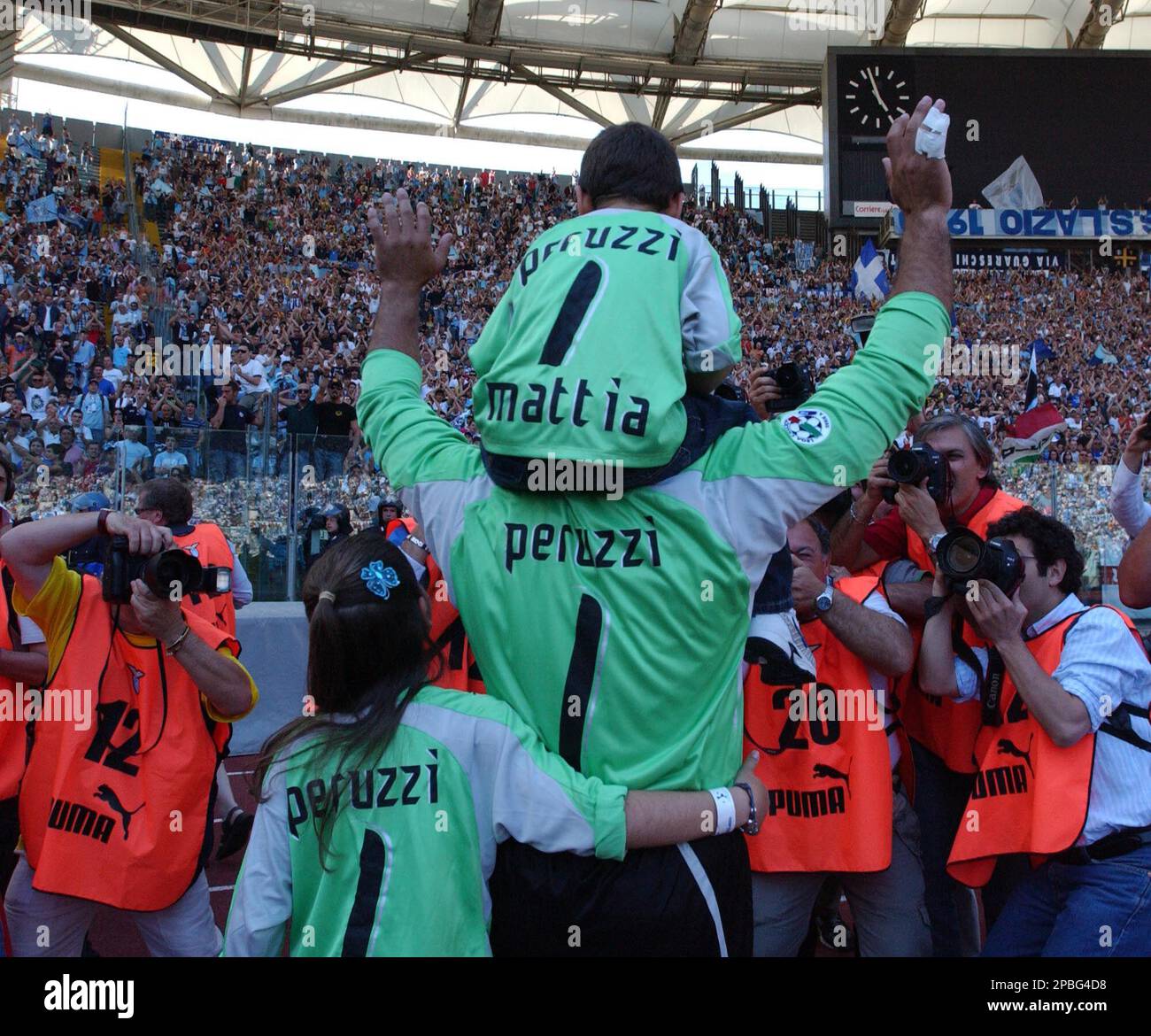Lazio's goalkeeper Angelo Peruzzi carries his son on shoulder at the ...