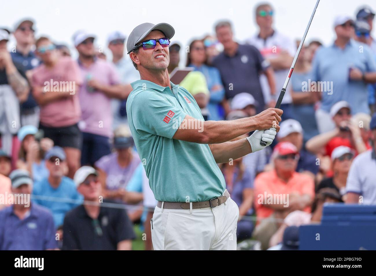Ponte Vedra, FL, USA. 10th Mar, 2023. Adam Scott hits his tee shot on ...