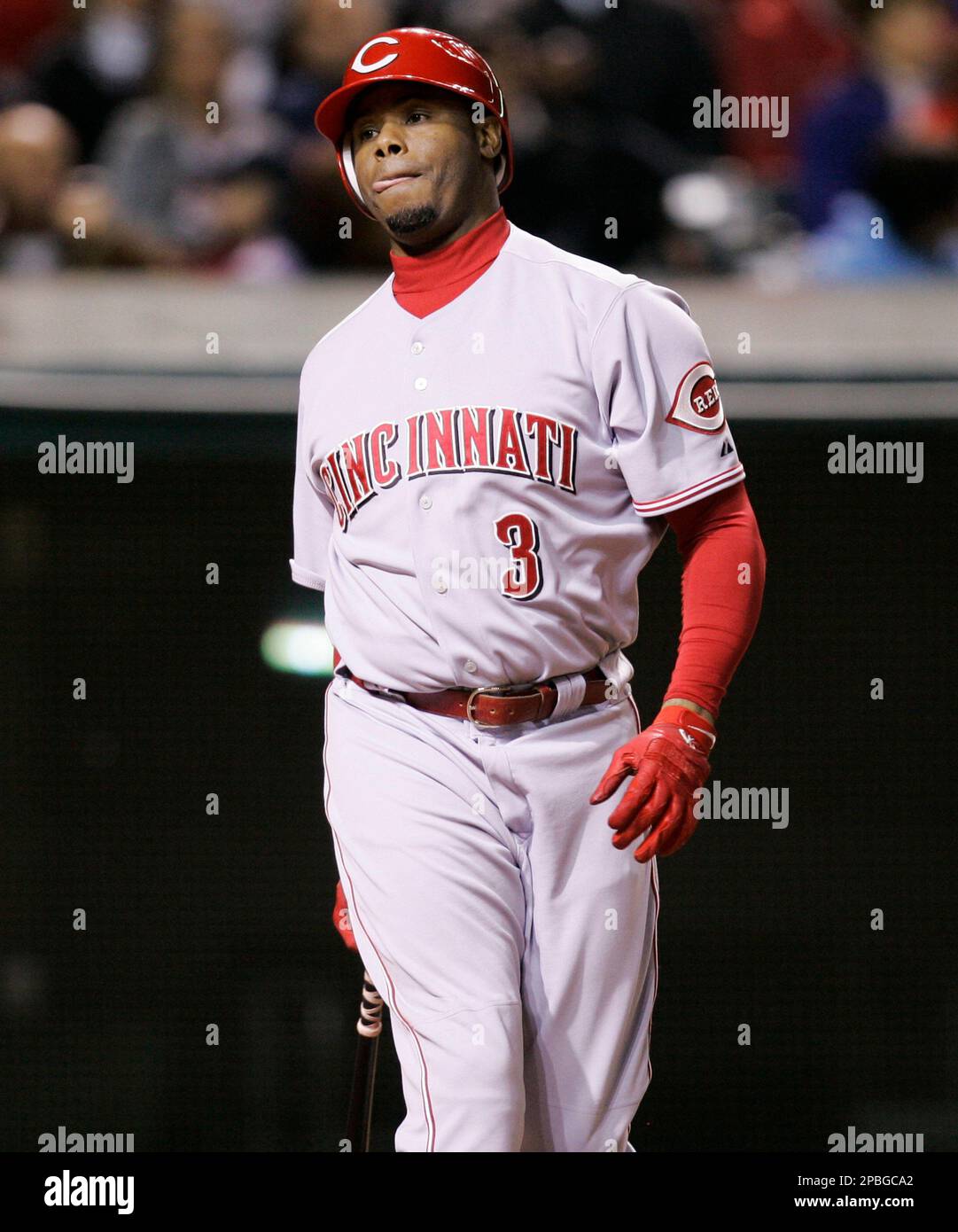 Cincinnati Reds right fielder Ken Griffey Jr. reacts after striking out ...